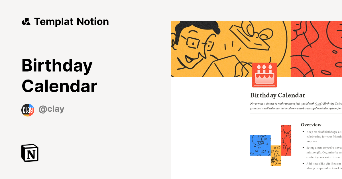 Birthday Calendar Templat oleh Clay | Notion Marketplace