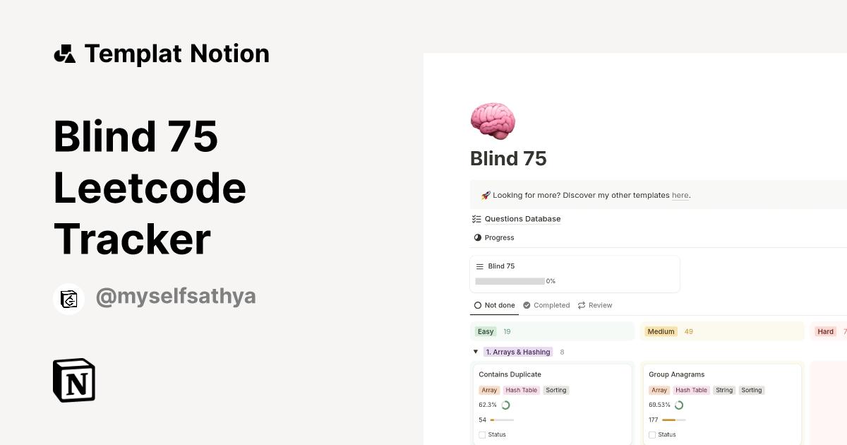 Blind 75 Leetcode Tracker Templat oleh Sathiya Sivaraj | Notion Marketplace