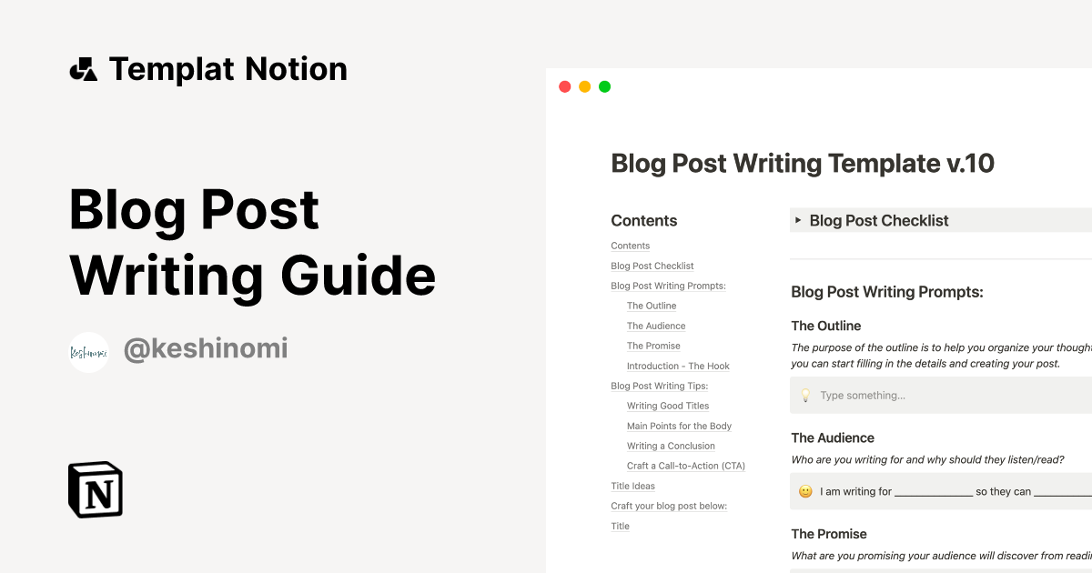 Blog Post Writing Guide Templat oleh Keshinomi | Notion Marketplace