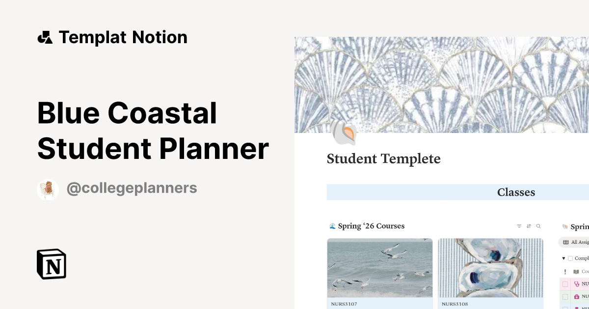 Blue Coastal Student Planner Templat oleh Emily Graves | Notion Marketplace