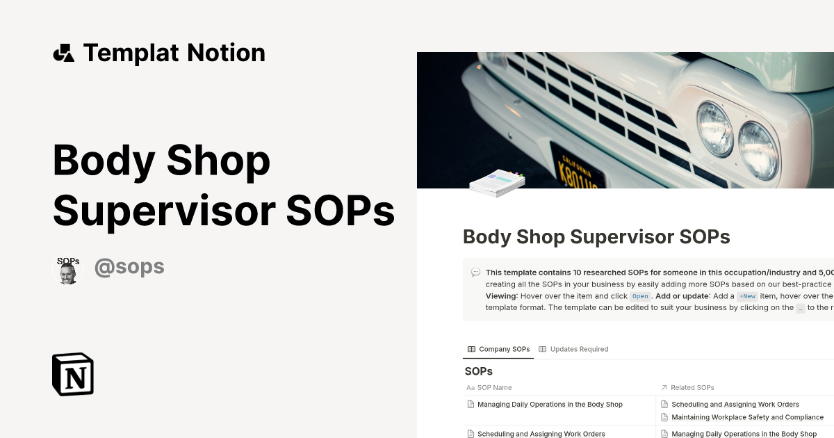 Templat Body Shop Supervisor SOPs | Notion Marketplace