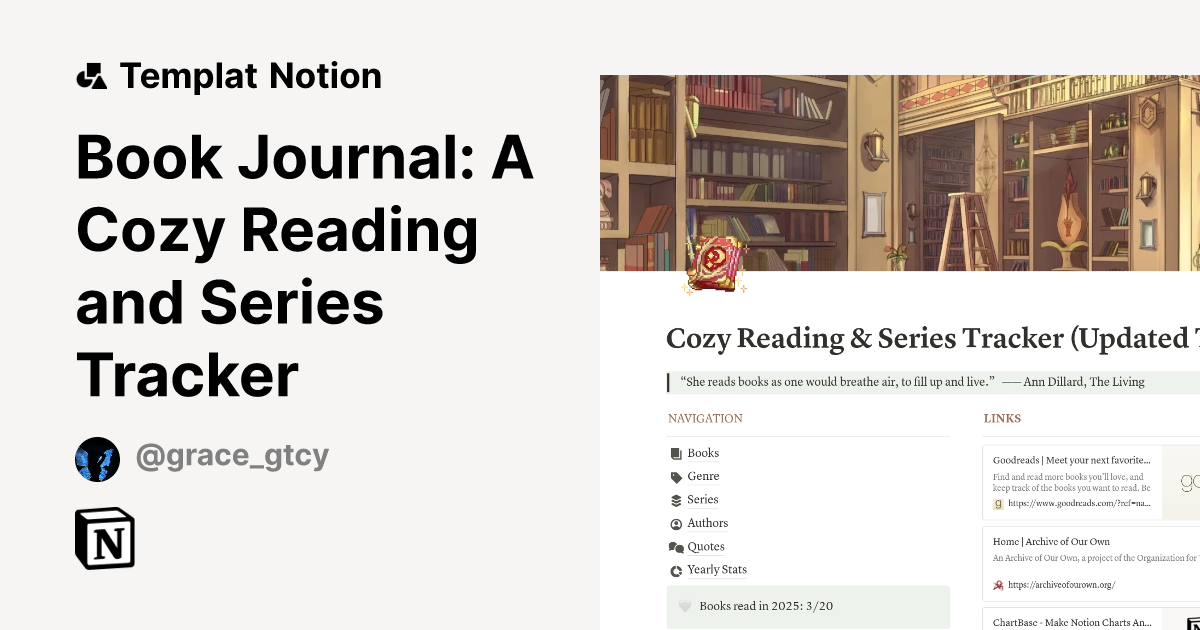 Templat Book Journal: A Cozy Reading and Series Tracker | Notion Marketplace