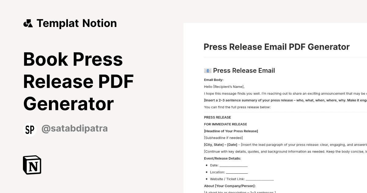 Templat Book Press Release PDF Generator | Notion Marketplace