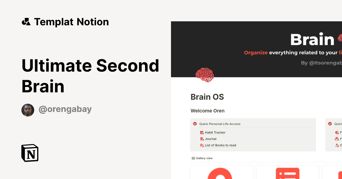 Ultimate Second Brain Templat oleh Oren Gabay | Notion Marketplace