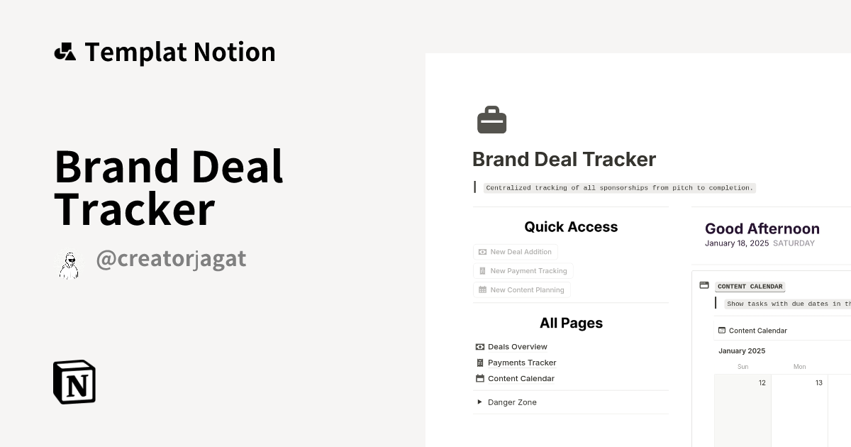 Brand Deal Tracker Templat oleh CreatorJagat | Notion Marketplace