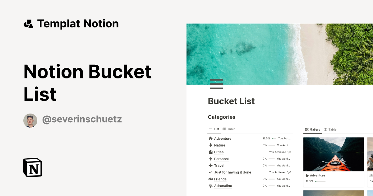 Notion Bucket List Templat oleh Severin Schuetz | Notion Marketplace