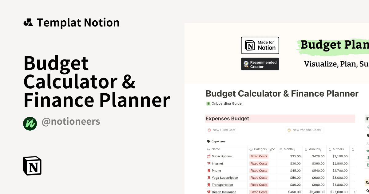 Budget Calculator & Finance Planner Templat oleh Notioneers | Notion ...