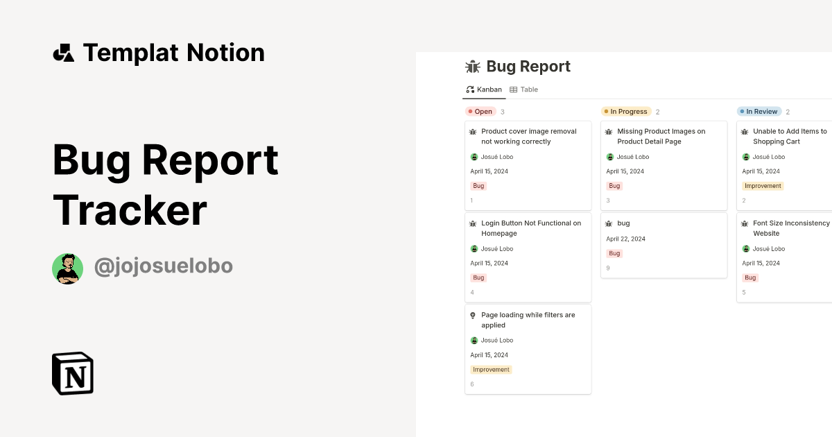 Bug Report Tracker Templat oleh jojosuelobo | Notion Marketplace
