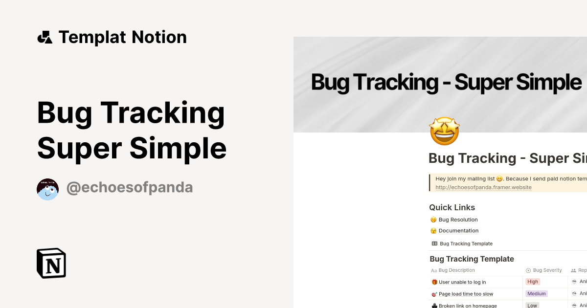 Bug Tracking Super Simple Templat oleh Echoes of Panda🐼 | Notion Marketplace