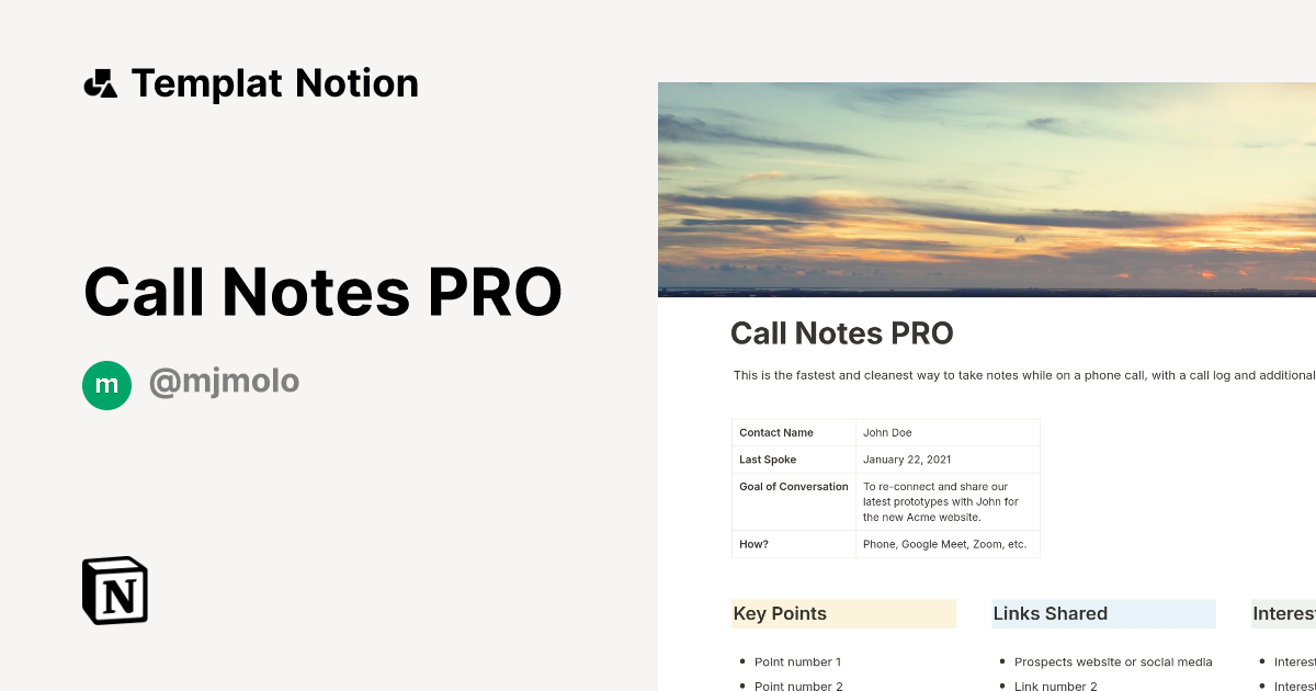 Call Notes PRO Templat oleh Mike Moloney | Notion Marketplace