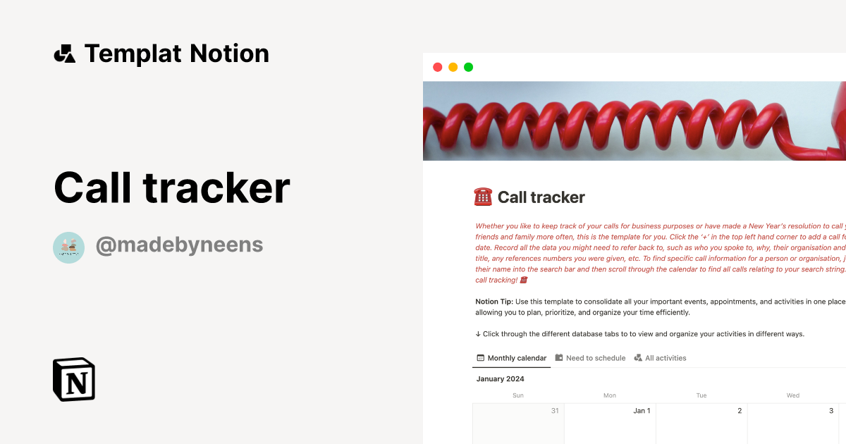 Call tracker Templat oleh Made by Neens | Notion Marketplace
