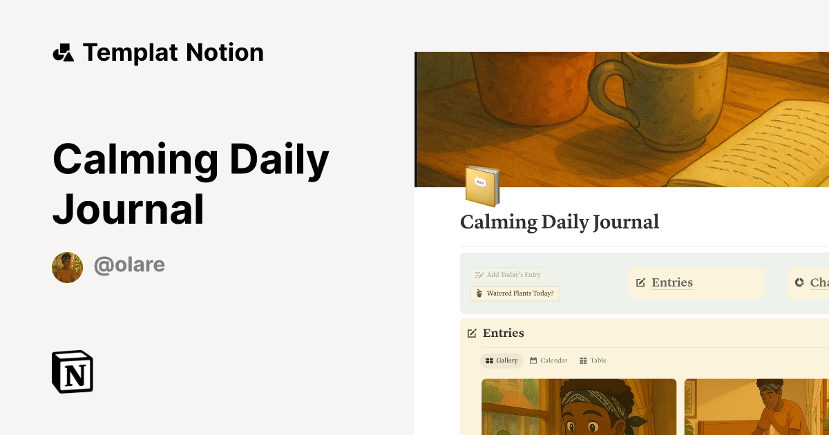 Calming Daily Journal Templat oleh Olare | Notion Marketplace