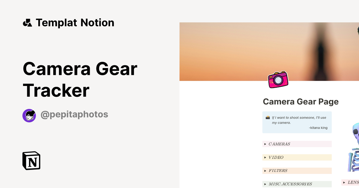 Camera Gear Tracker Templat oleh pepita photos | Notion Marketplace