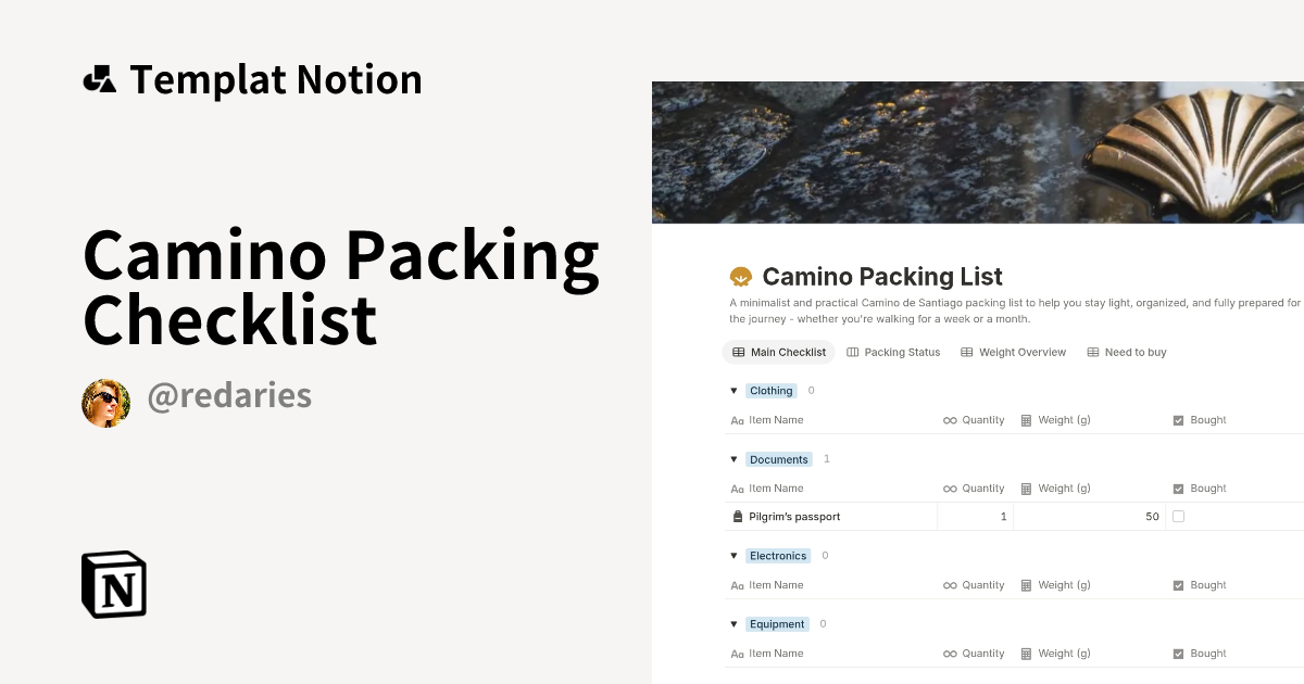 Templat Camino Packing Checklist | Notion Marketplace