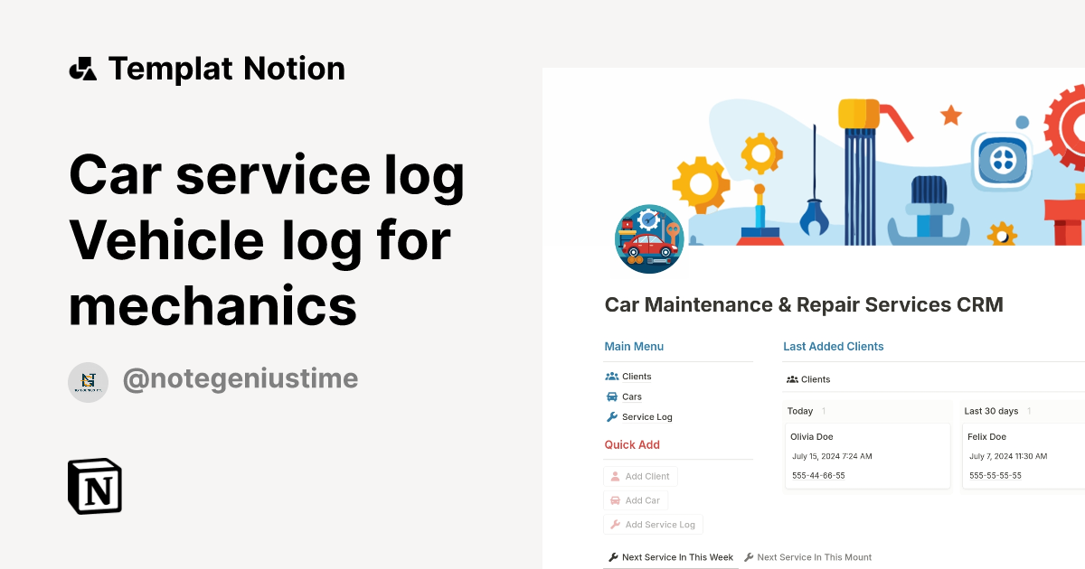 Templat Car service log Vehicle log for mechanics | Notion Marketplace
