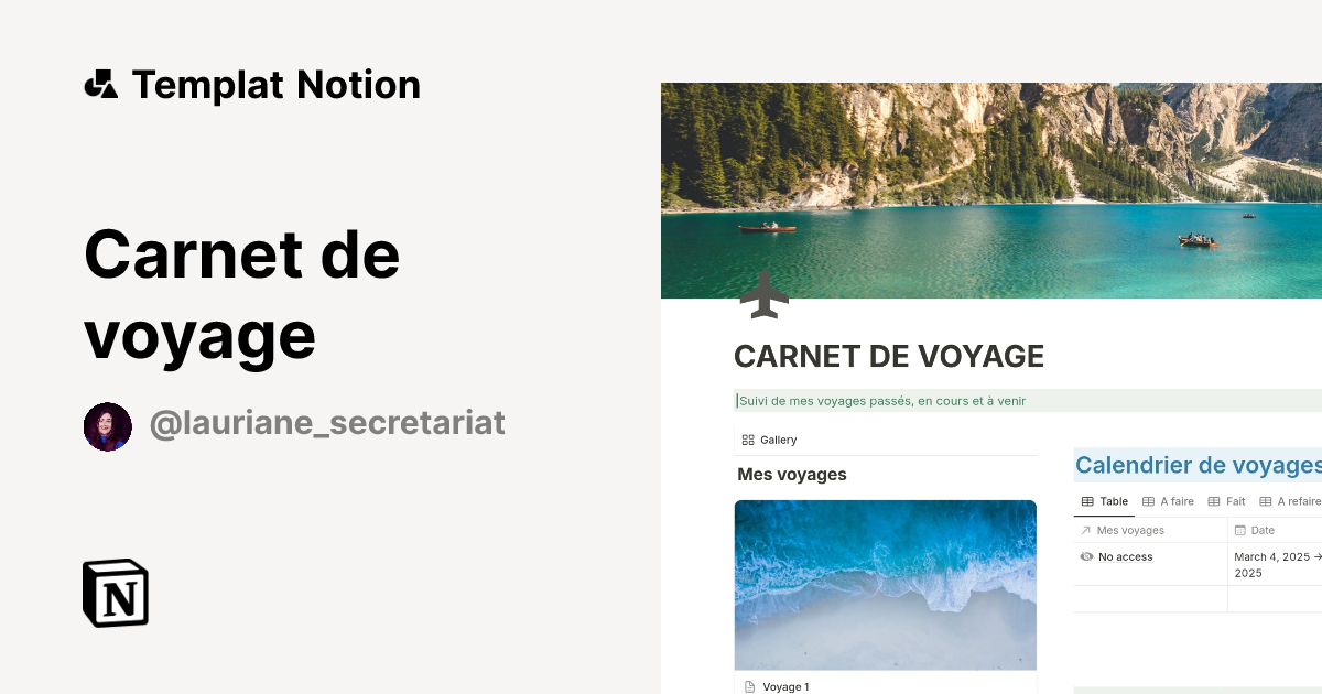 Carnet de voyage Templat oleh Lauriane Secrétariat | Notion Marketplace