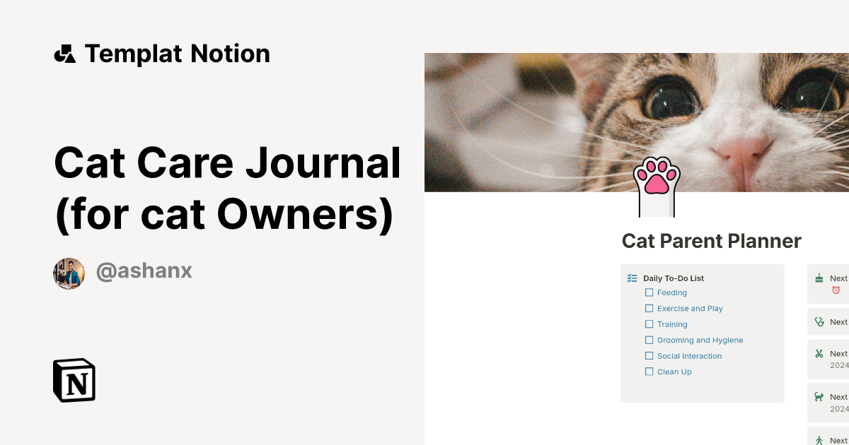 Cat Care Journal (for cat Owners) Templat oleh AshanX | Notion Marketplace