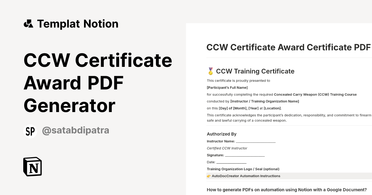 Templat CCW Certificate Award PDF Generator | Notion Marketplace