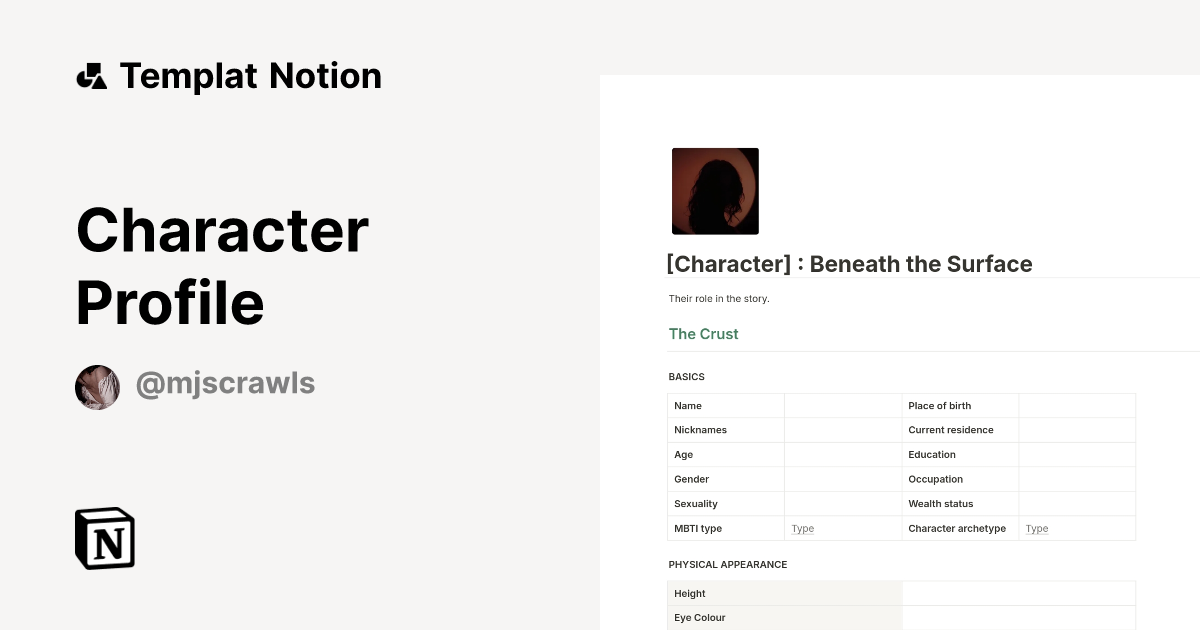 Character Profile Templat oleh Vault of A Deranged | Notion Marketplace