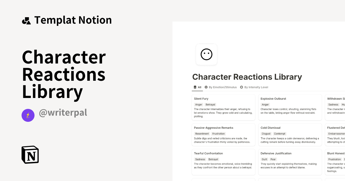Character Reactions Library Templat oleh writerpal | Notion Marketplace