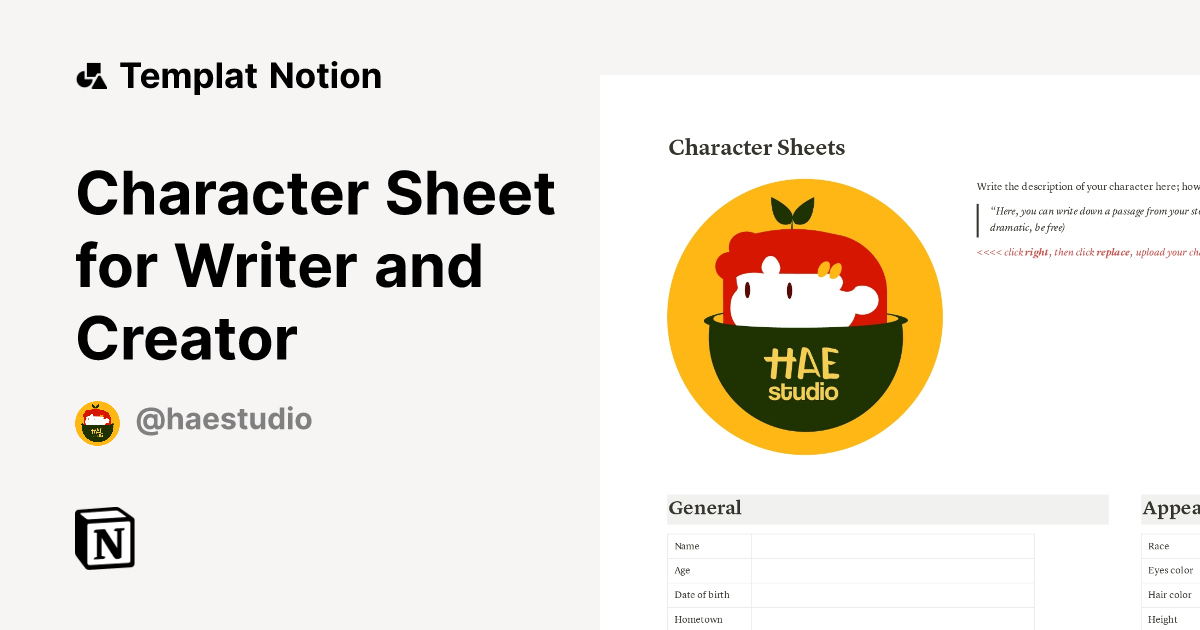 Templat Character Sheet for Writer and Creator | Notion Marketplace
