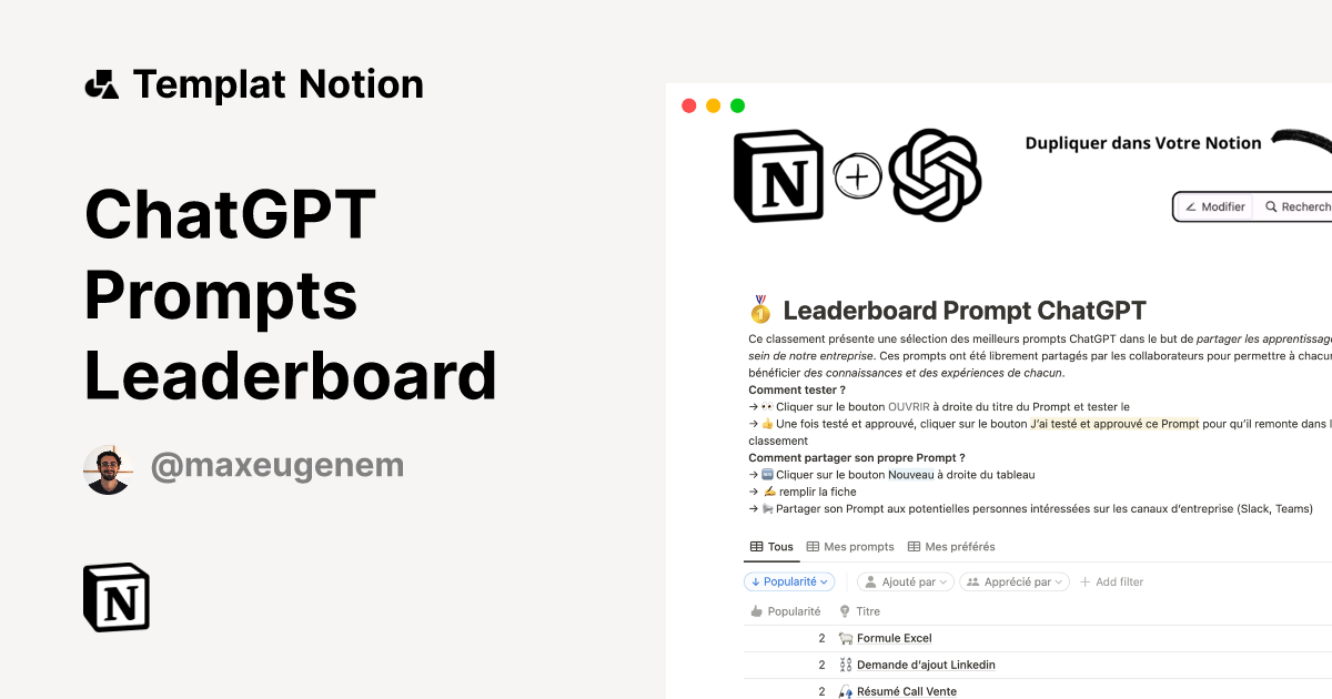 ChatGPT Prompts Leaderboard Templat oleh Max-Eugène Mamet | Notion Marketplace