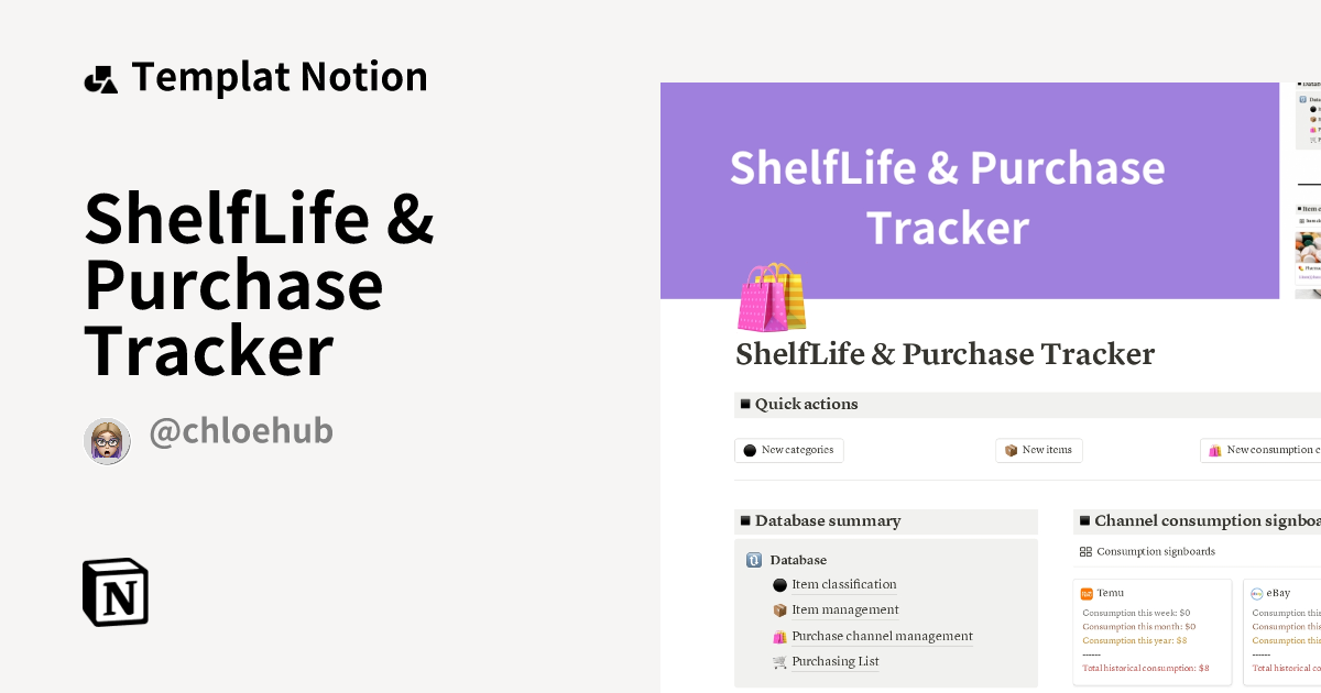 ShelfLife & Purchase Tracker Templat oleh Chloe Hub | Notion Marketplace