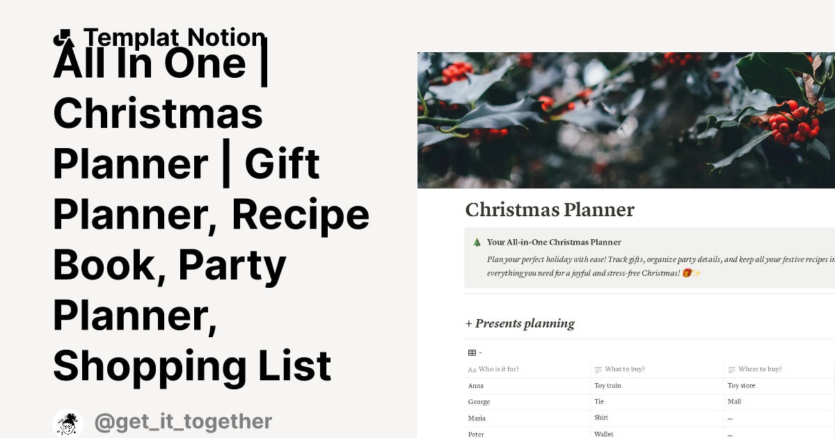 All In One | Christmas Planner | Gift Planner, Recipe Book, Party Planner, Shopping List Templat ...