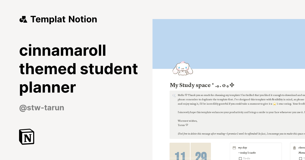 Templat cinnamaroll themed student planner | Notion Marketplace