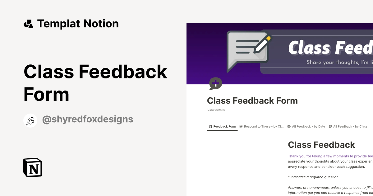 Class Feedback Form Templat oleh Shy Red Fox Designs | Notion Marketplace