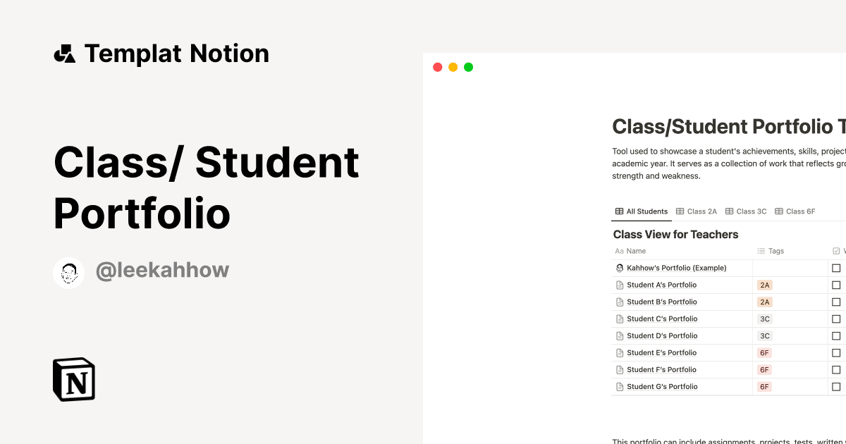 Class/ Student Portfolio Templat oleh Kahhow | Notion Marketplace