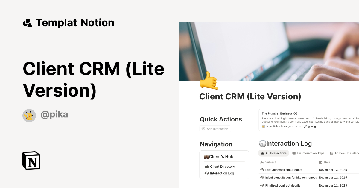 Client CRM (Lite Version) Templat oleh Pika | Notion Marketplace