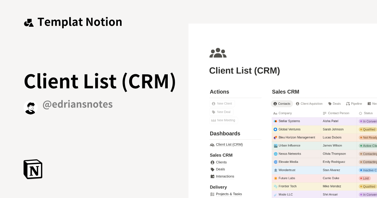 Client List (CRM) Templat oleh EdriansNotes | Notion Marketplace