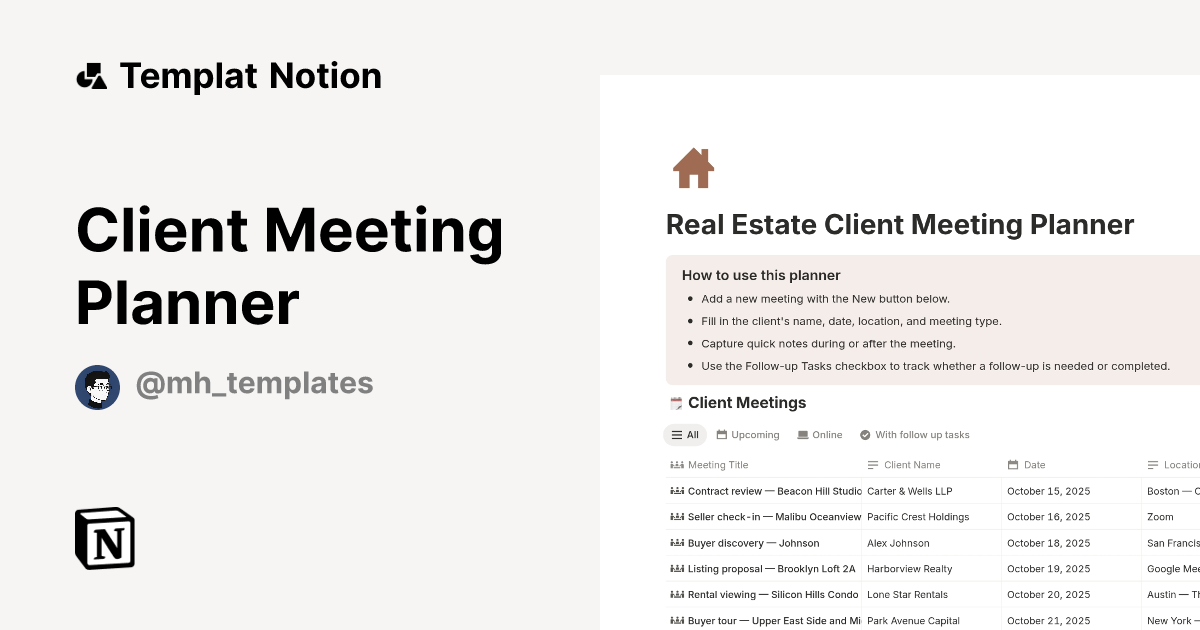 Client Meeting Planner Templat oleh MH Systems | Notion Marketplace
