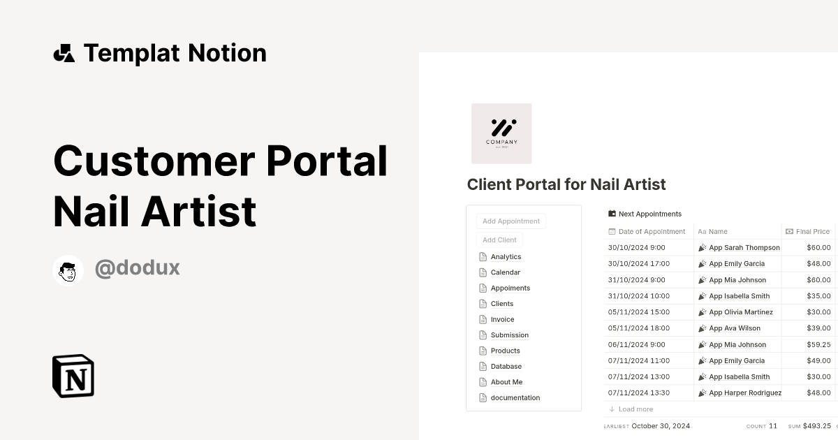 Client Portal Nail Artist Templat oleh Dodux | Notion Marketplace