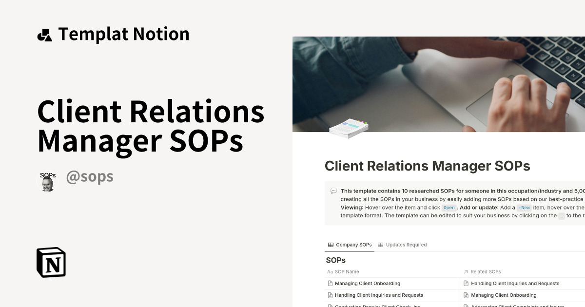 Client Relations Manager SOPs Templat oleh SOPs | Notion Marketplace