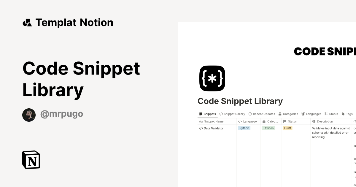 Code Snippet Library Templat oleh mrpugo | Notion Marketplace