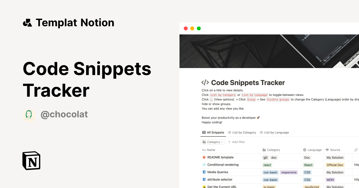 Code Snippets Tracker Templat oleh chocolat | Notion Marketplace