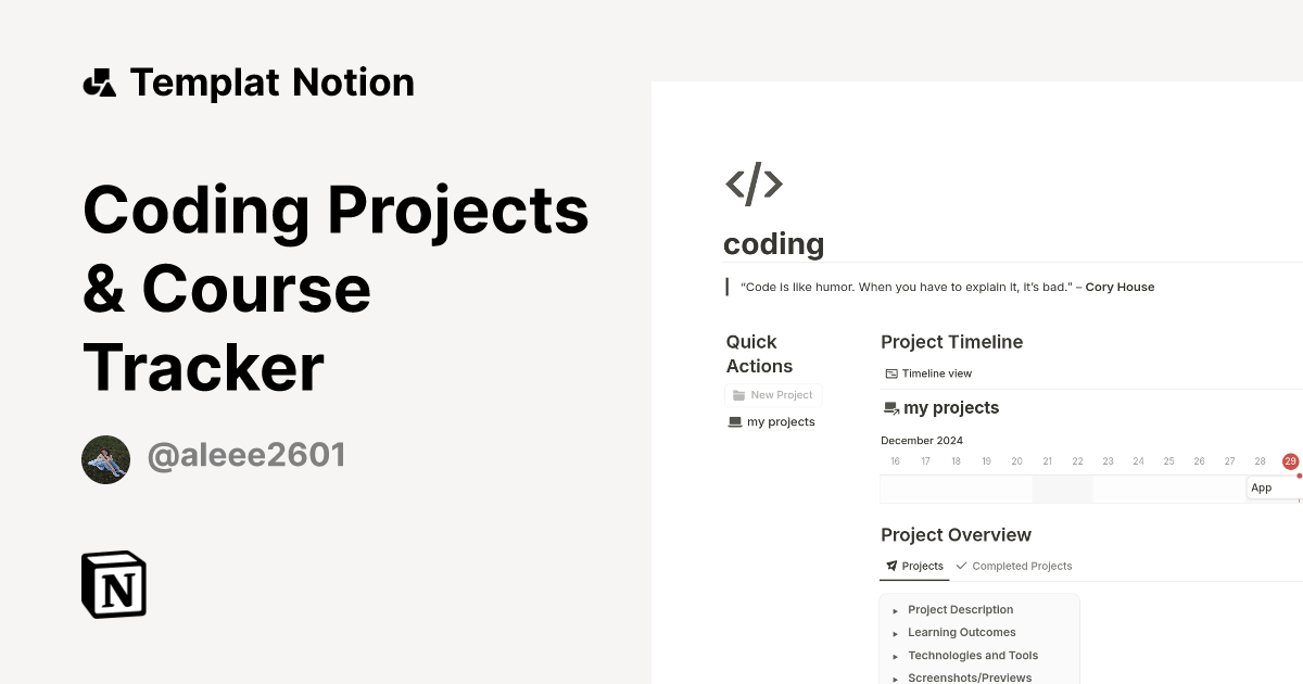 Coding Projects & Course Tracker Templat oleh Alexandra Onose | Notion Marketplace