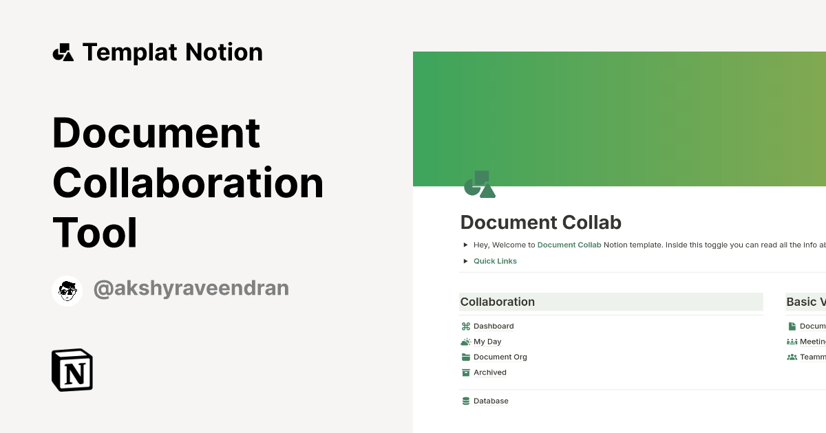 Document Collaboration Tool Templat oleh Akshay Raveendran | Notion Marketplace