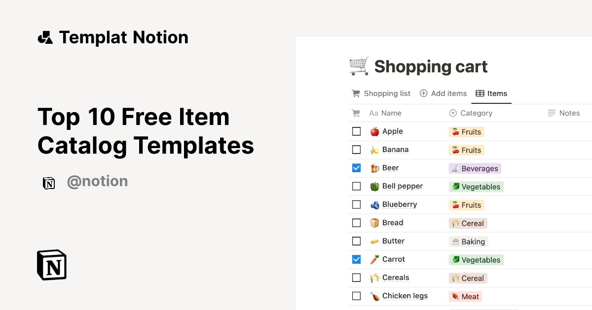 Top 10 Free Item Catalog Templates | Notion Marketplace Templat