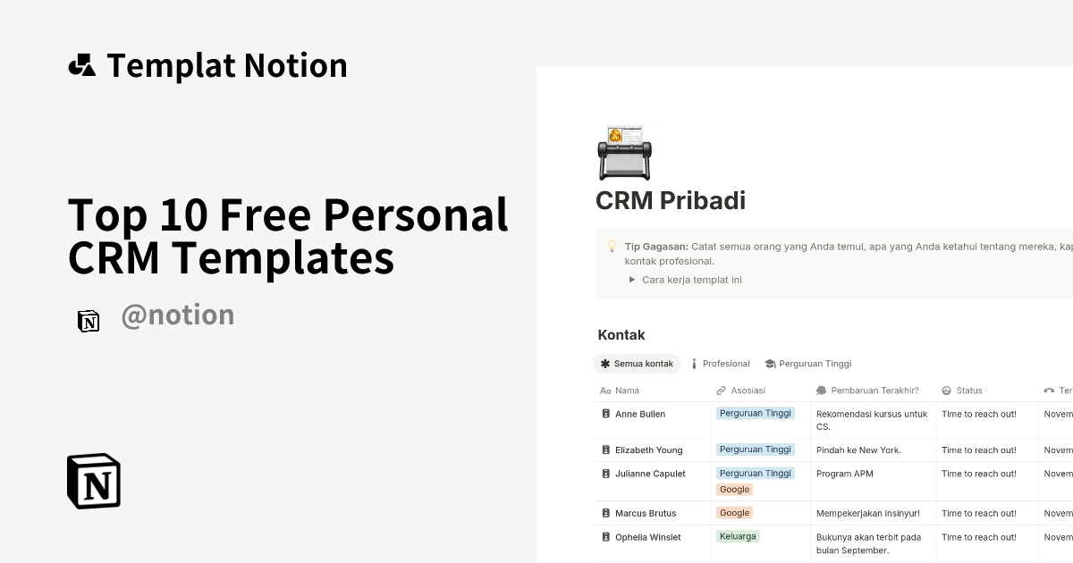 Top 10 Free Personal CRM Templates | Notion Marketplace Templat