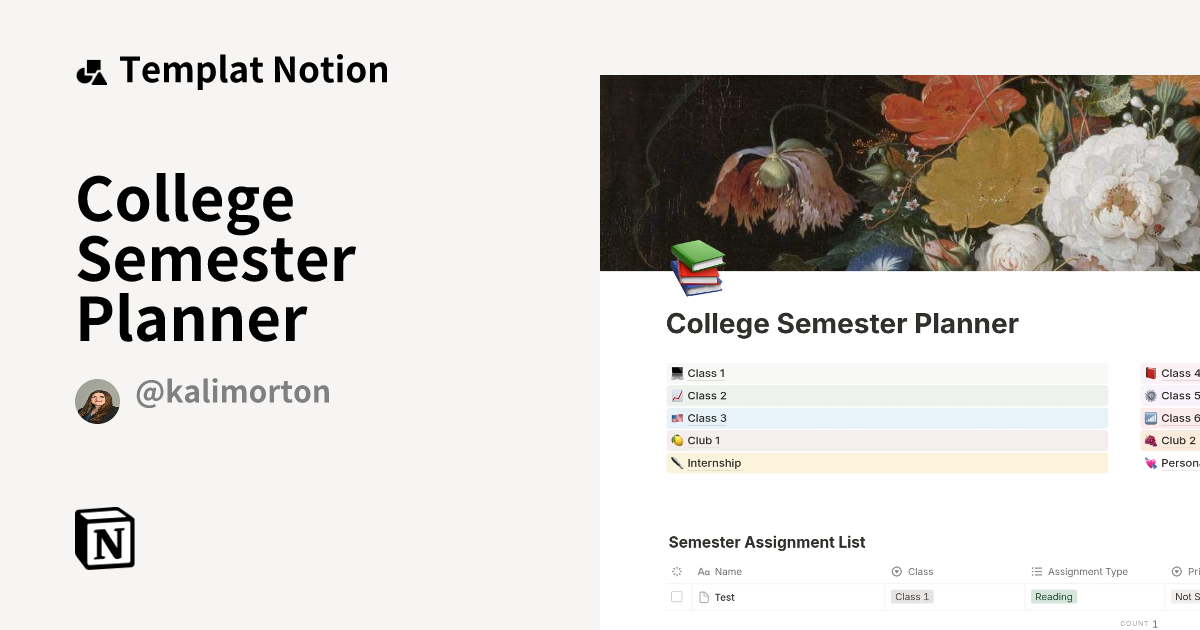 College Semester Planner Templat oleh Kali M. | Notion Marketplace