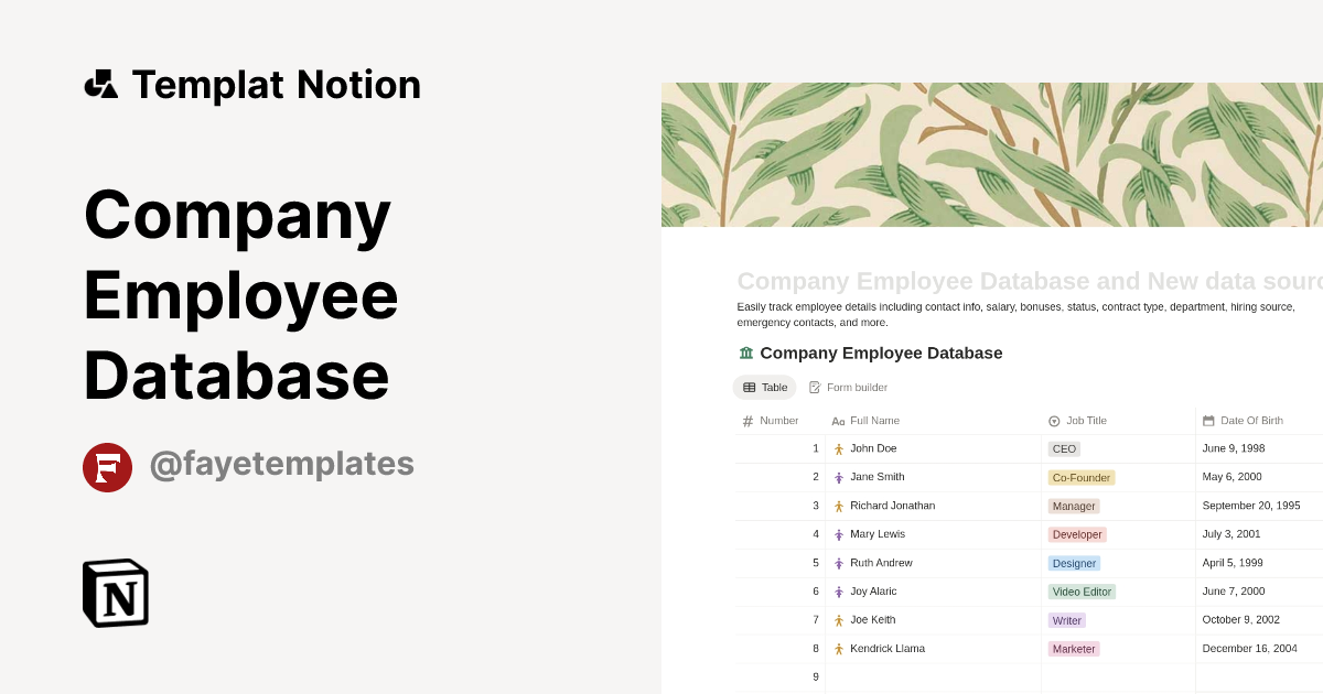 Company Employee Database Templat oleh Faye Templates | Notion Marketplace