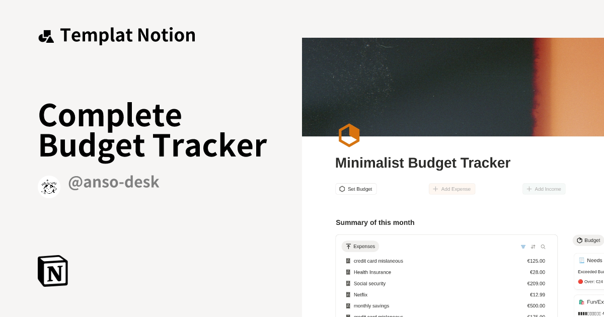 Complete Budget Tracker Templat oleh AnSo Desk | Notion Marketplace