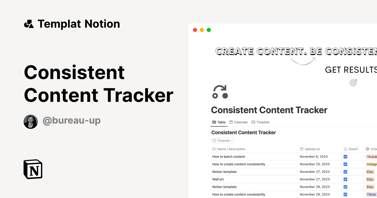 Consistent Content Tracker Templat oleh Hebe - Bureau Up | Notion Marketplace