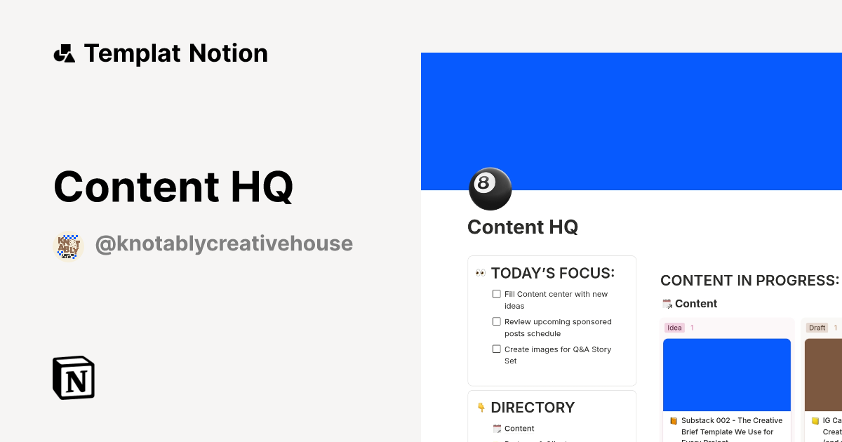 Content HQ Templat oleh Knotably Creative House | Notion Marketplace