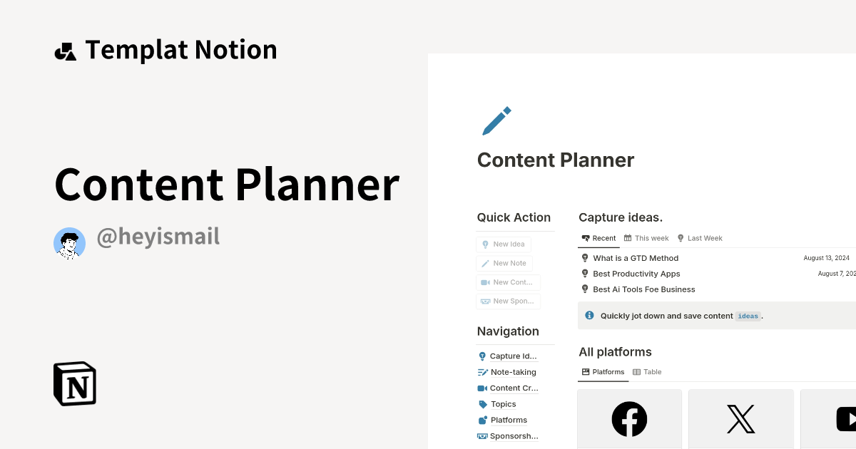 Content Planner Templat oleh heyismail | Notion Marketplace