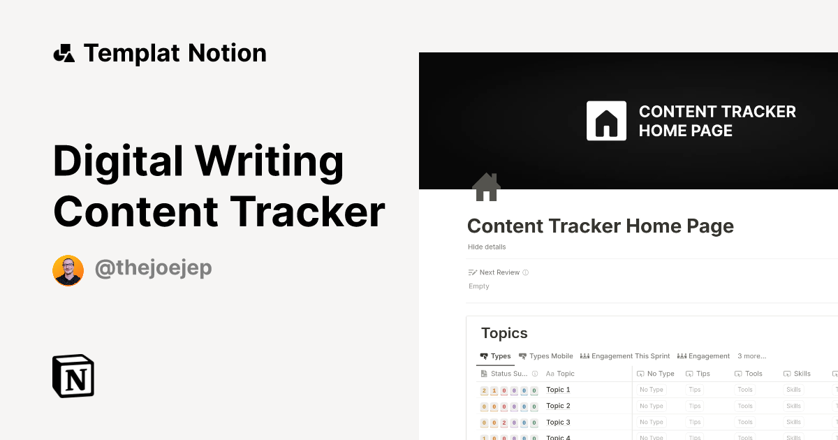 Digital Writing Content Tracker Templat oleh TheJoeJep | Notion Marketplace