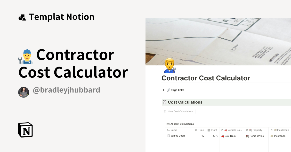 👨‍🔧 Contractor Cost Calculator Templat oleh Bradley J. Hubbard | Notion ...